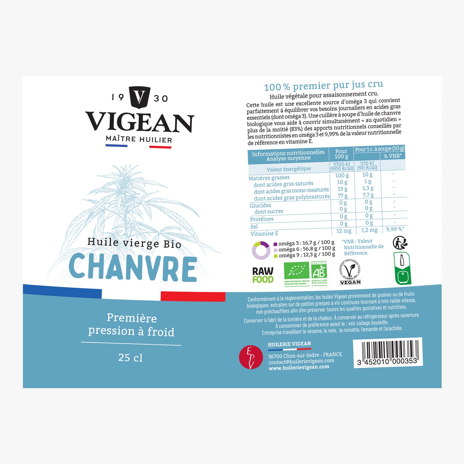 Huile vierge bio chanvre - Vigean