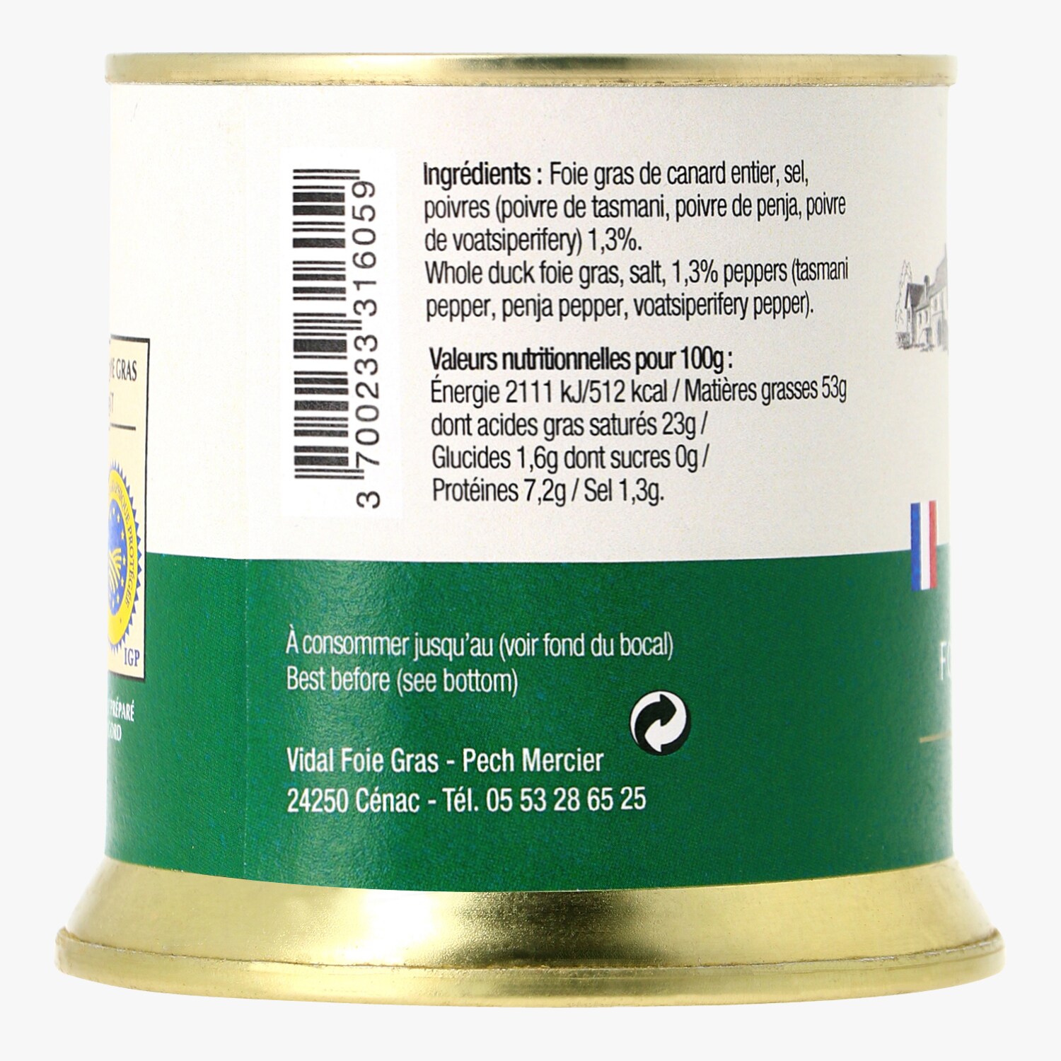 Foie gras de canard du Périgord entier aux 3 poivres - 200 g - Vidal