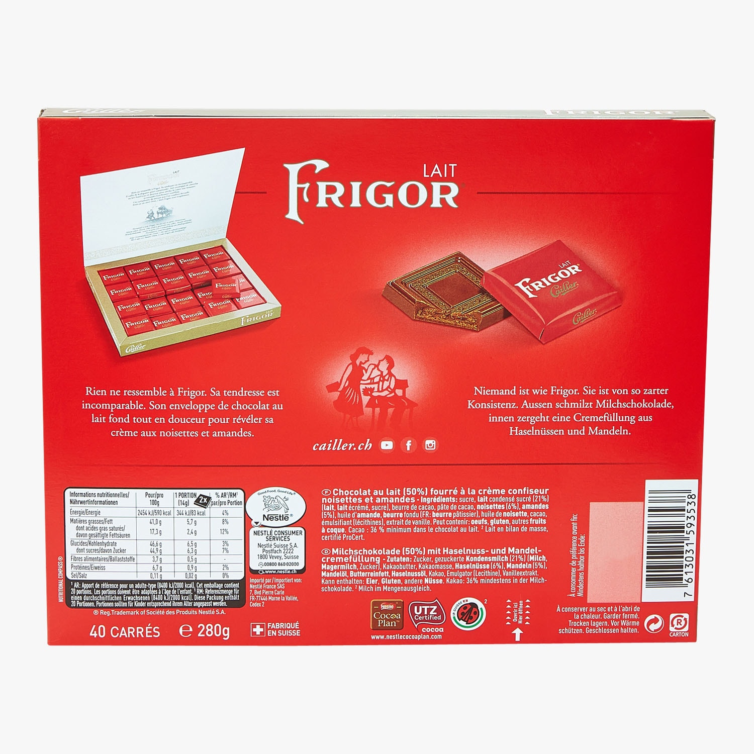 40 chocolats suisses au lait fourrés à la crème aux noisettes et ...