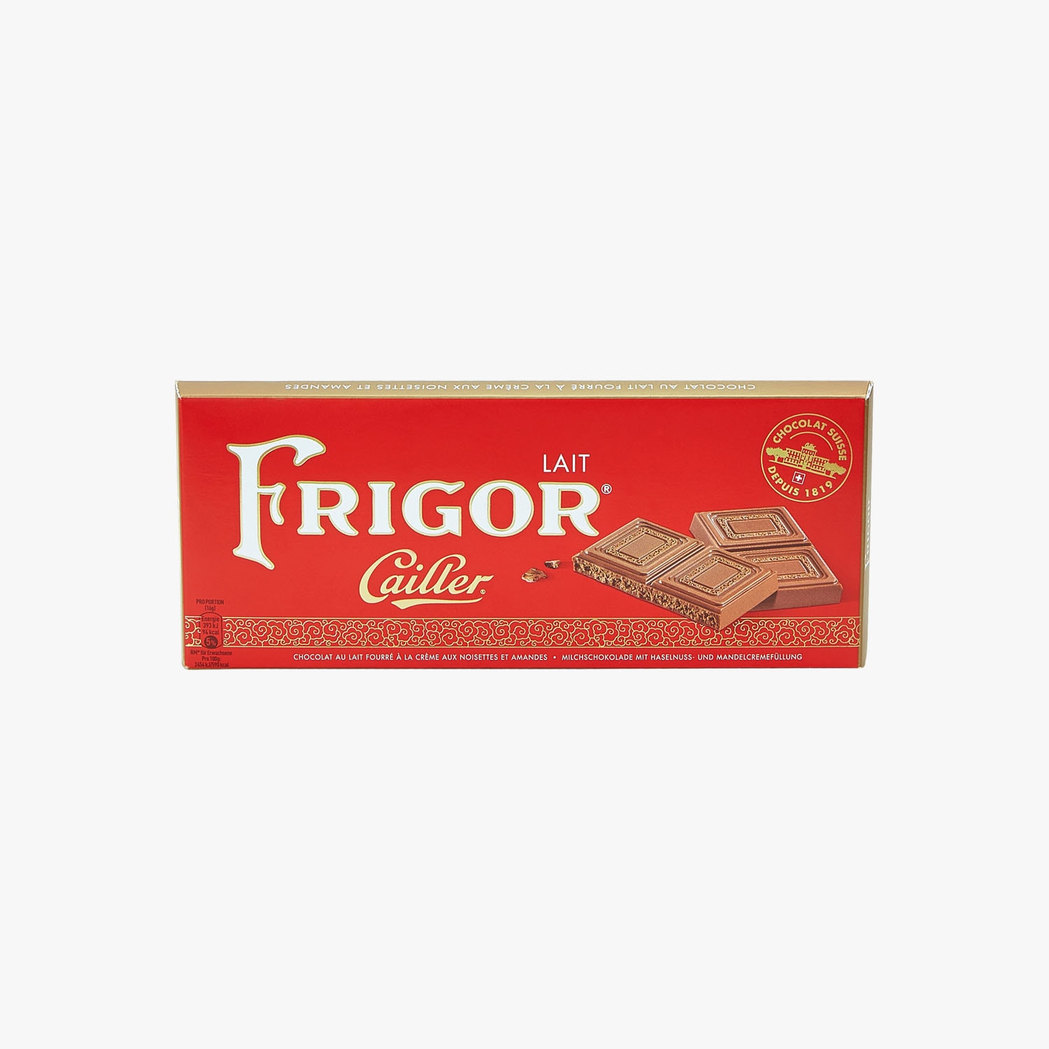 Chocolat suisse au lait fourré à la crème aux noisettes et amandes - Frigor