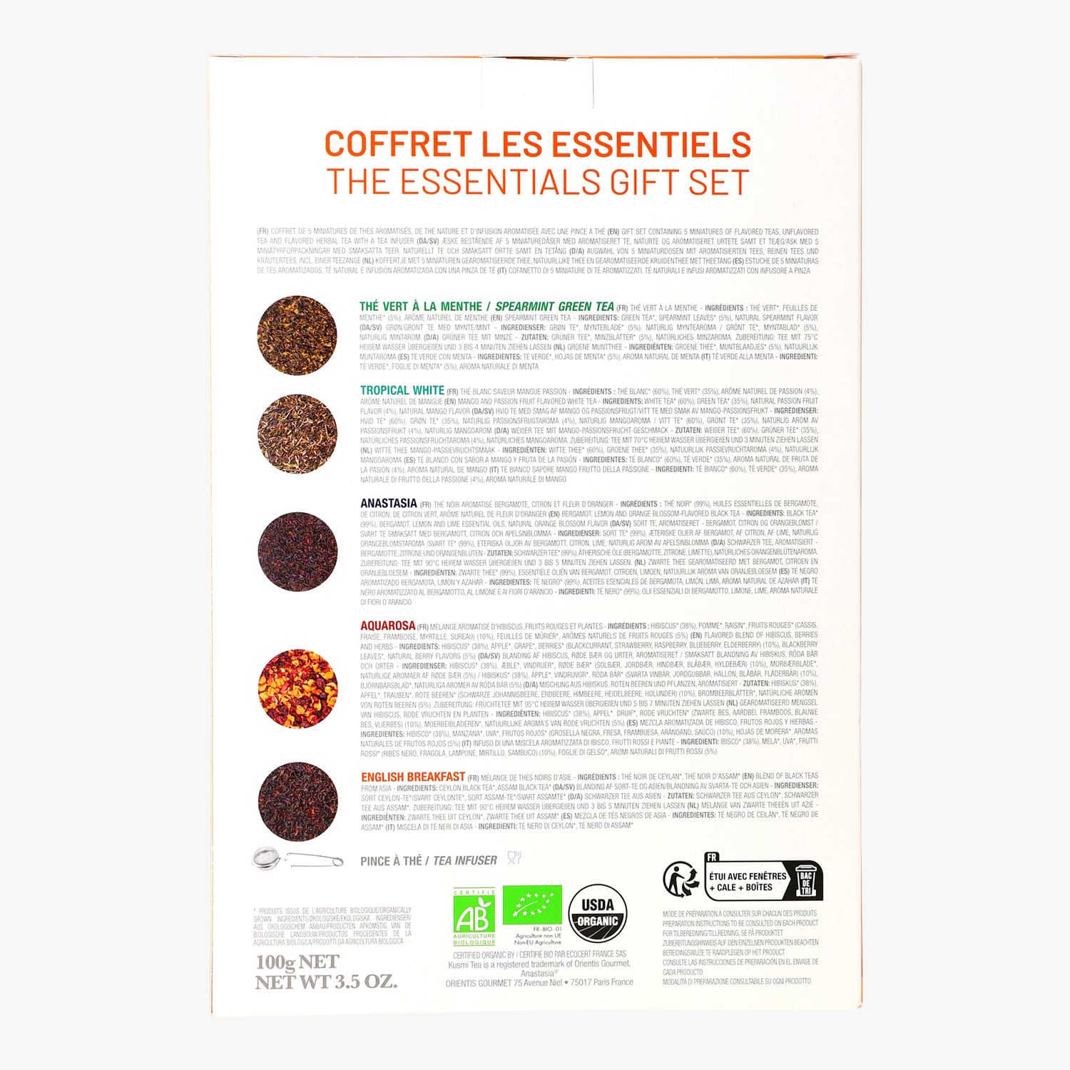 Coffret bio les essentiels avec pince à thé - Kusmi Tea