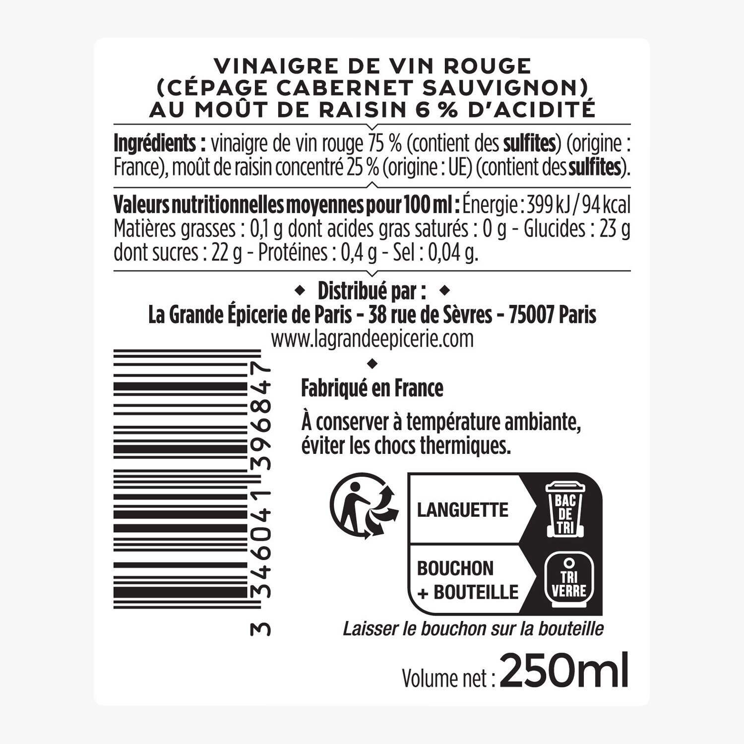 Vinaigre de vin rouge (cépage Cabernet Sauvignon) au moût de raisin 6% ...